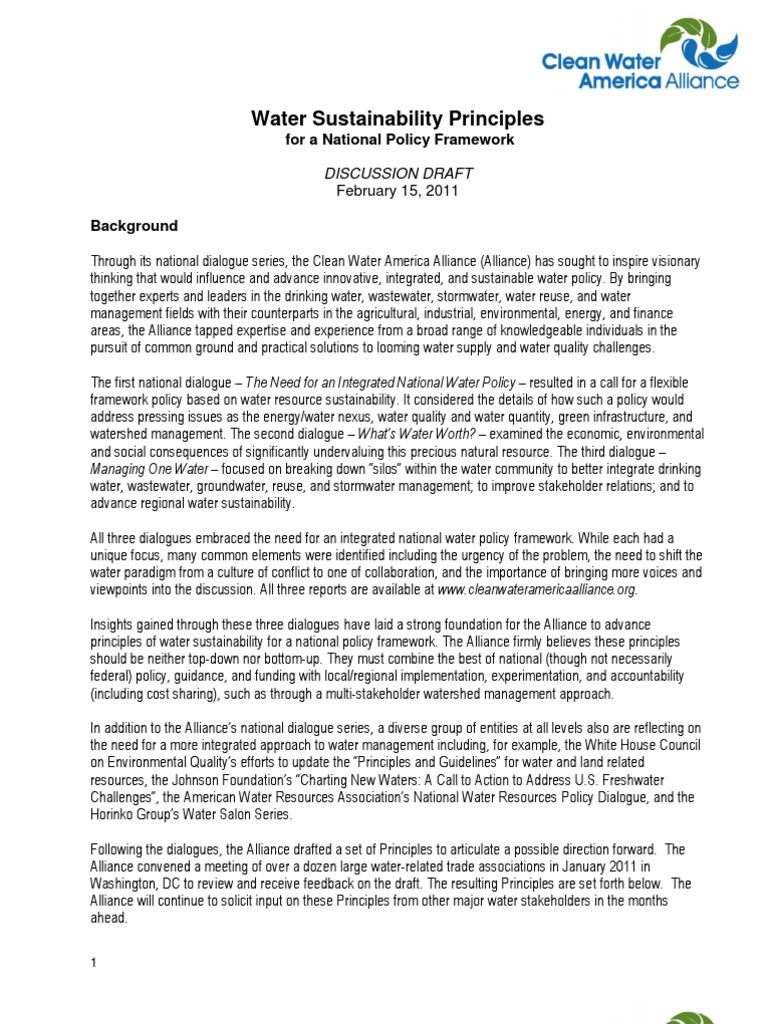 Water Sustainability Principles: For A National Policy Framework | PDF