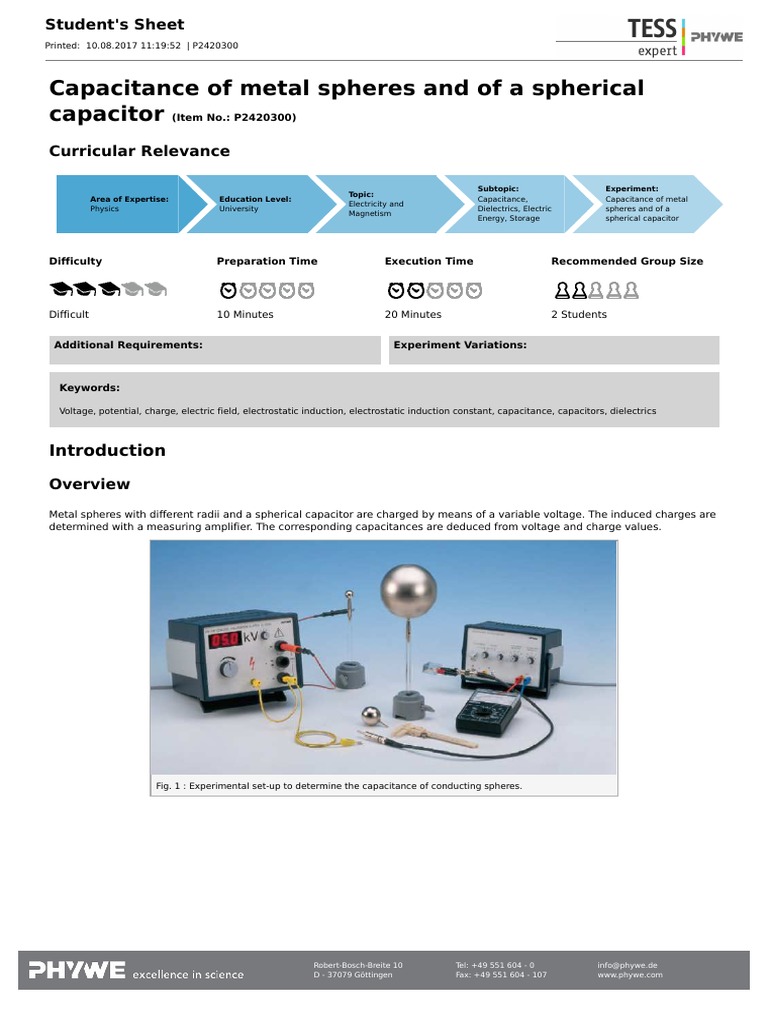 Capacitance of Metal Spheres and of A Spherical Capacitor: (Item No ...