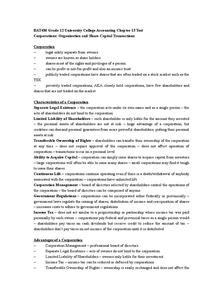 BAT4M Grade 12 University College Accounting Chapter 13 Test | PDF ...