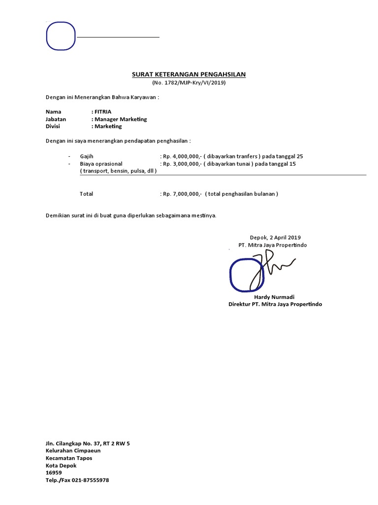 Surat Keterangan Penghasilan MJP | PDF