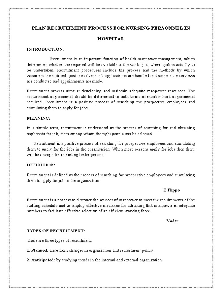 Plan Recruitment Process For Nursing Personnel in Hospital | PDF ...
