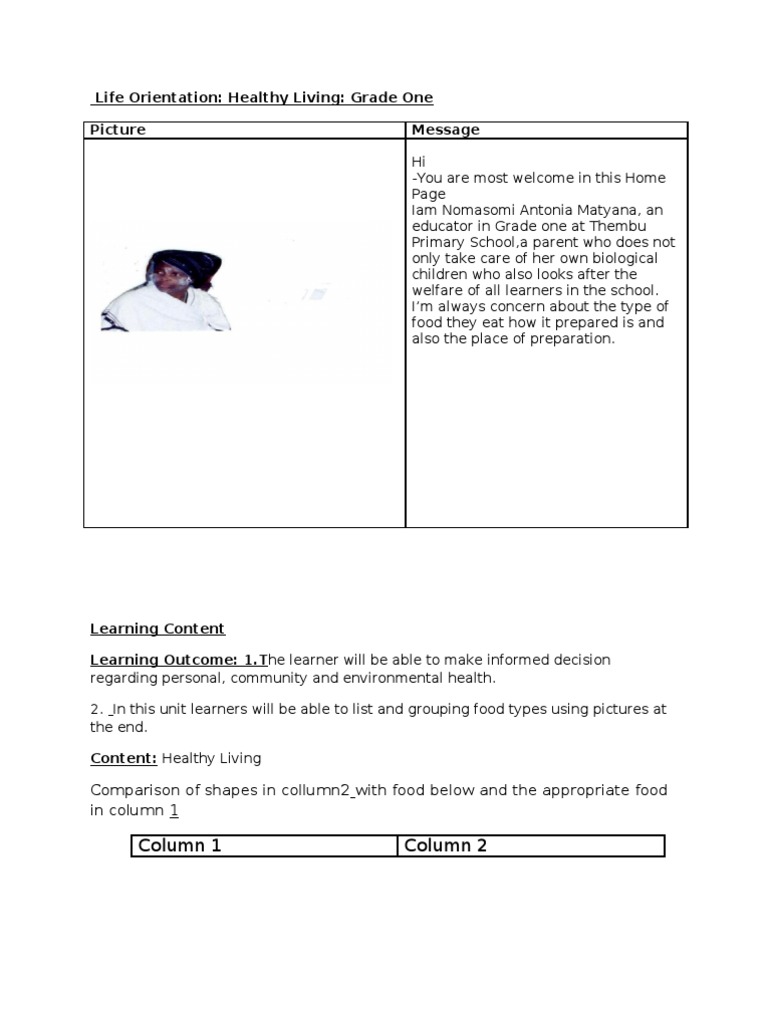 Life Orientation: Healthy Living: Grade One Picture Message: Column 1 ...