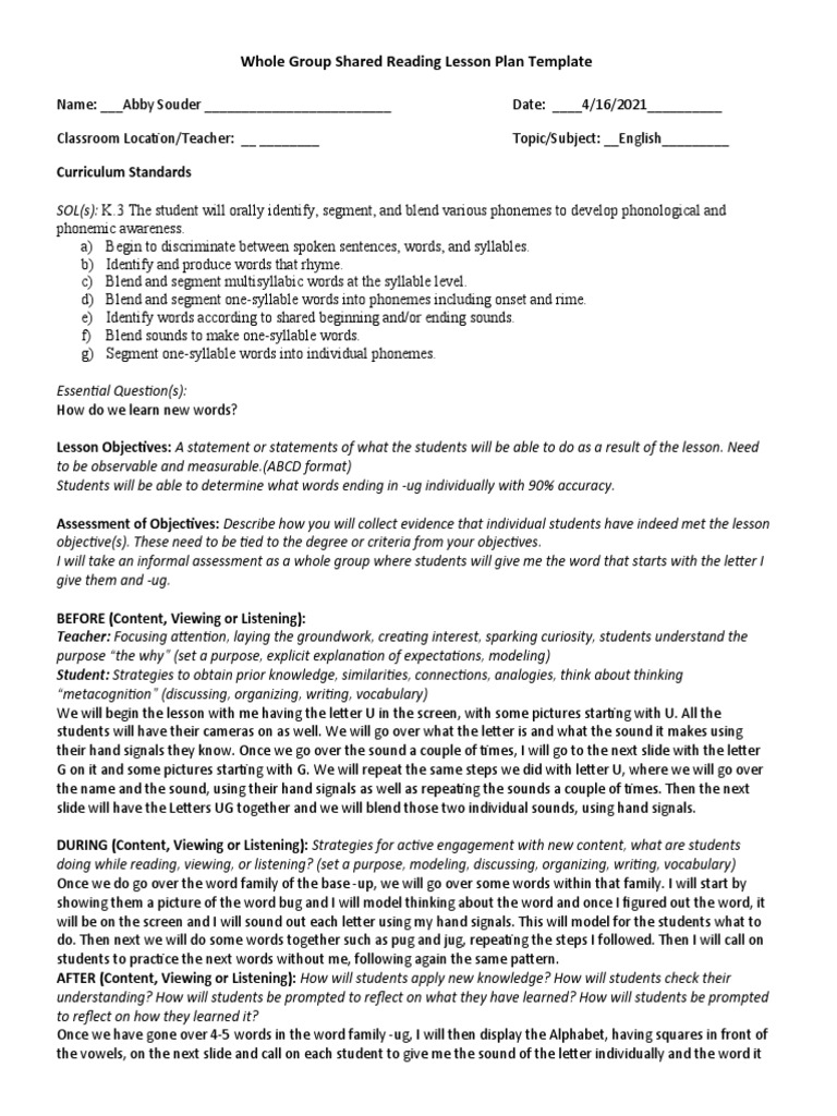 Whole Group Shared Reading Lesson Plan Template | PDF | Syllable | Word