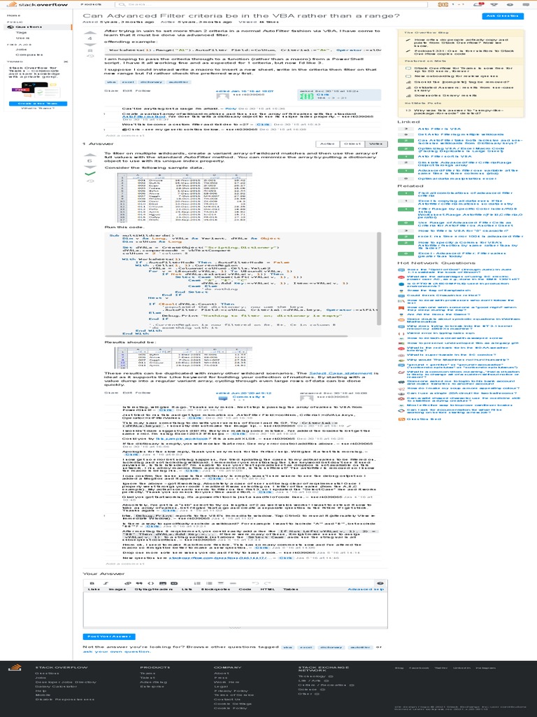 Excel Can Advanced Filter Criteria Be In The Vba Rather Than A Range Stack Overflow Pdf