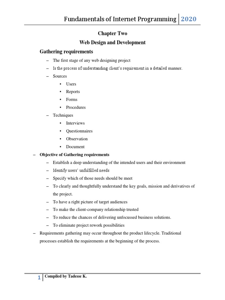 Fundamentals of Internet Programming: Chapter Two Web Design and Development Gathering ...