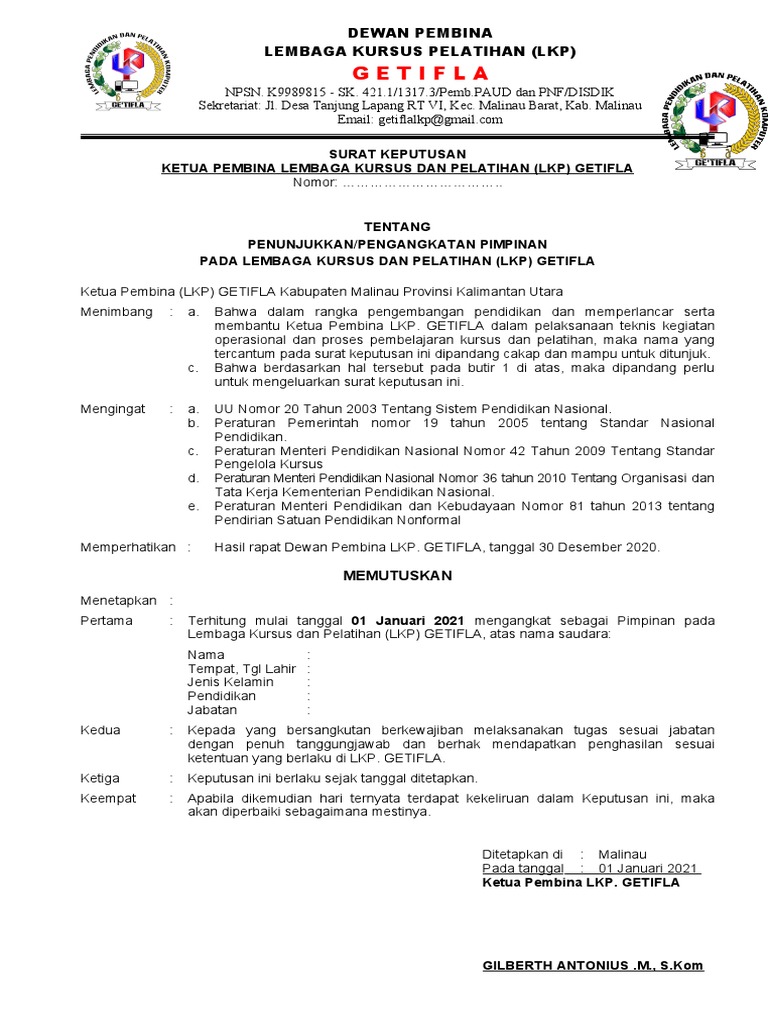 SK Pengangkatan Pimpinan LKP | PDF