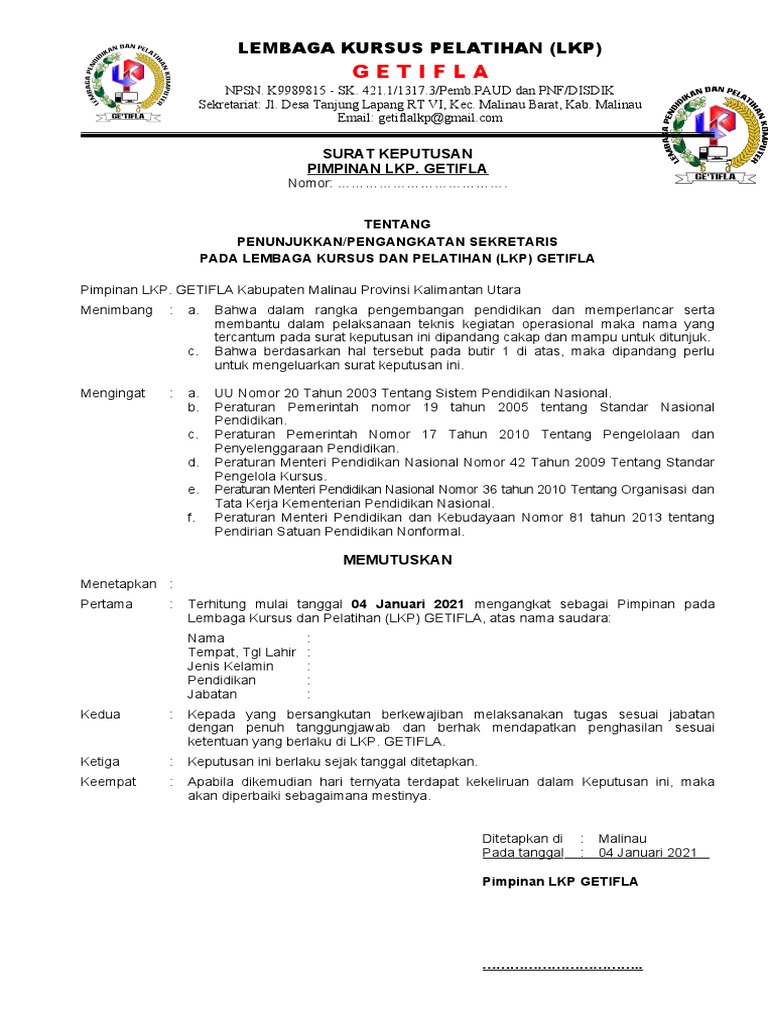 SK Pengangkatan Sekretaris LKP | PDF
