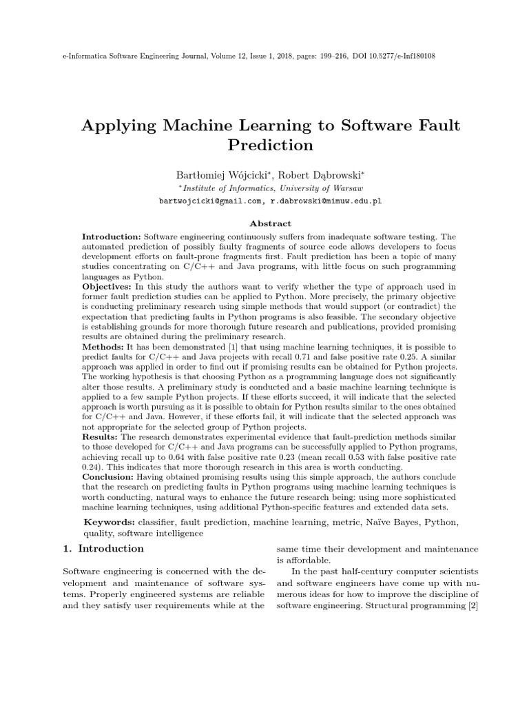 Applying Machine Learning To Software Fault Prediction: Bartłomiej Wójcicki, Robert Dąbrowski ...