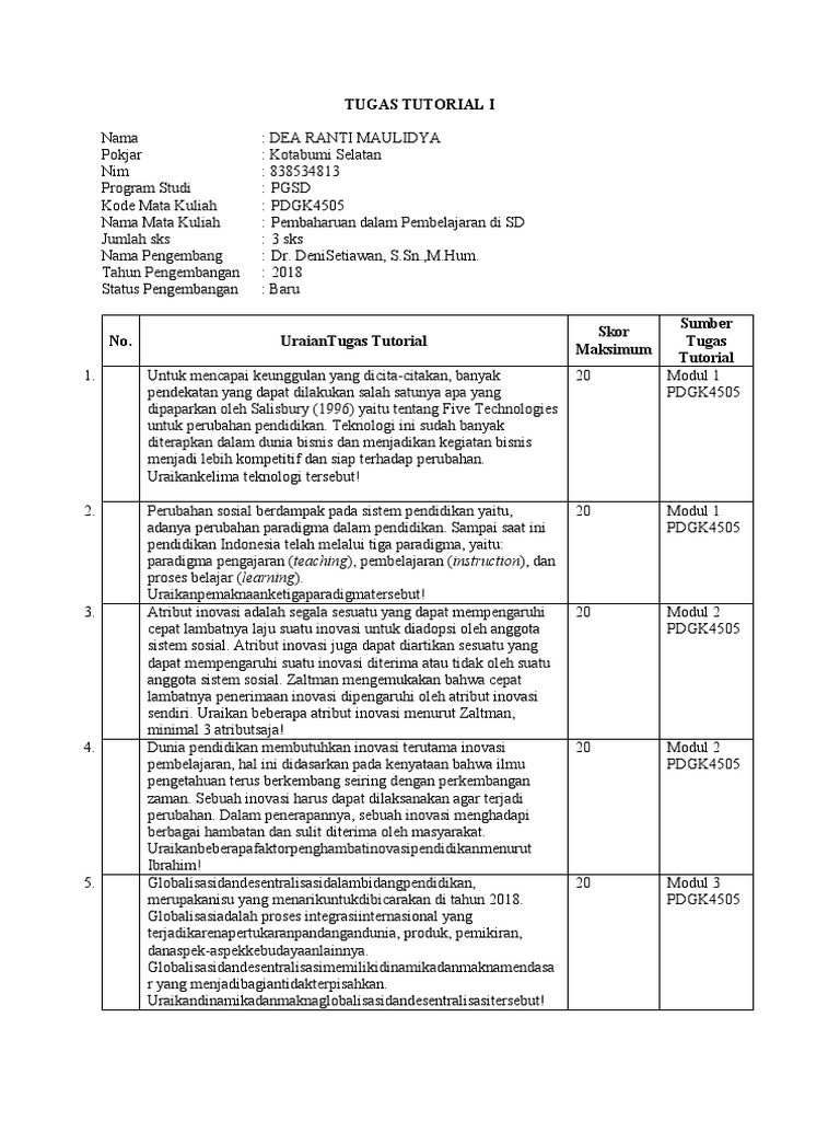 TUGAS 1 Pembaharuan Dalam Pembelajaran Di SD | PDF | Karier & Perkembangan