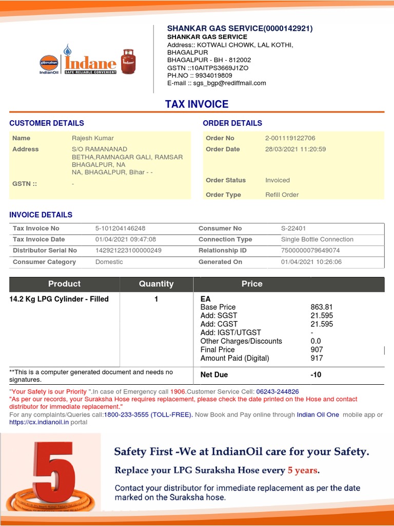 Tax Invoice: SHANKAR GAS SERVICE (0000142921) | PDF | Liquefied ...