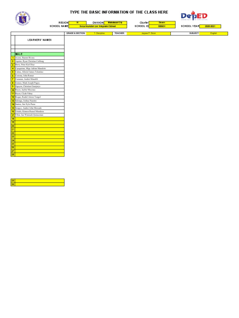 Class Record for Grade 7-Discipline, First Quarter, English Subject | PDF
