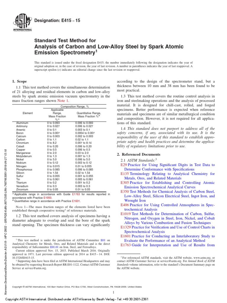 ASTM E415 15 Análisis de Carbono y Acero de Baja Aleación | PDF | Steel ...
