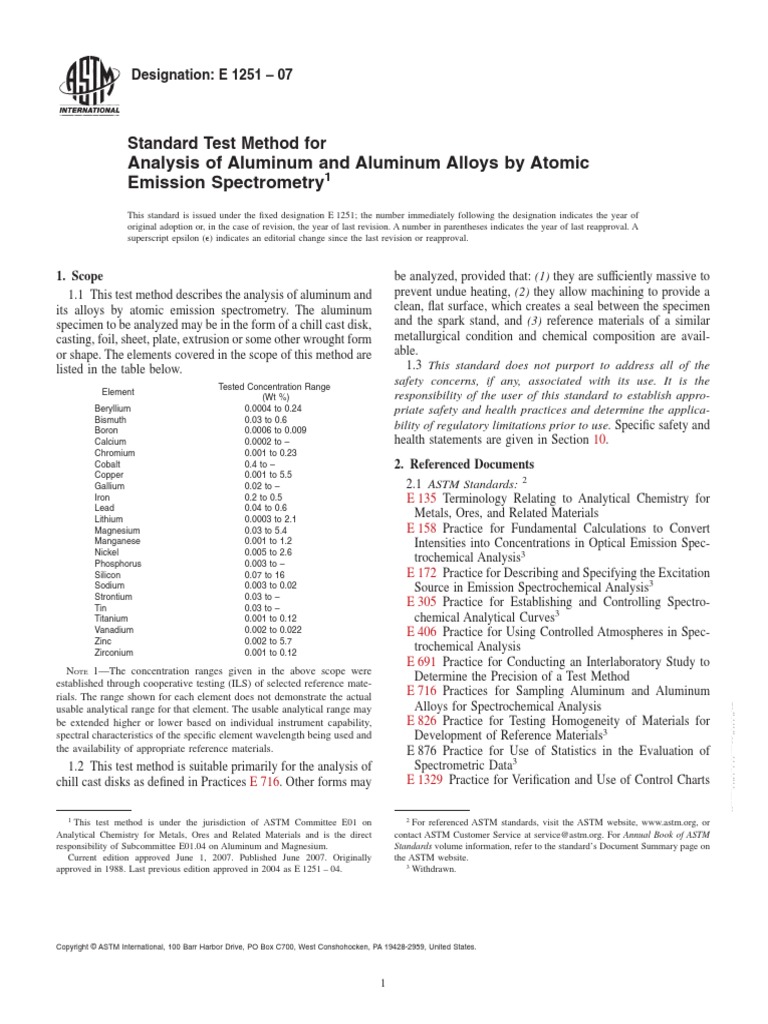 Astm E1251 07 Analisis de Aluminio | PDF | Detection Limit | Calibration