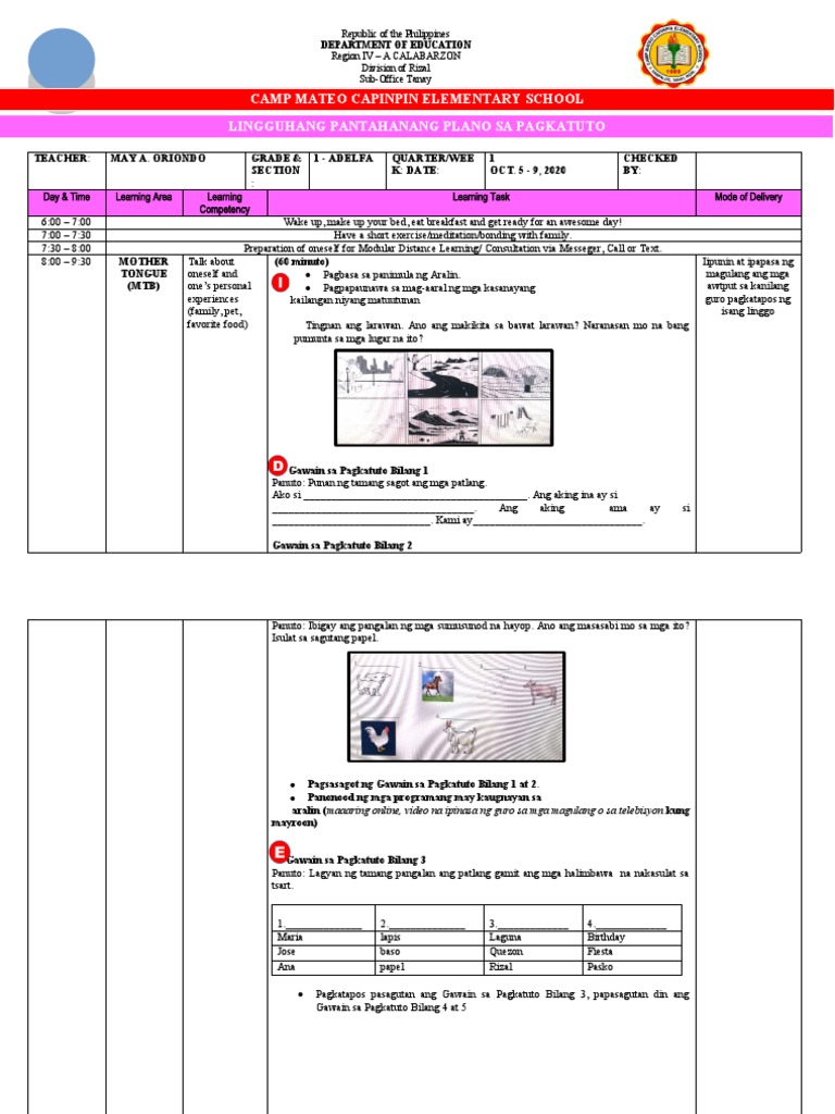 Q1 - W1 - Weekly Home Learning Plan G1 Adelfa | PDF