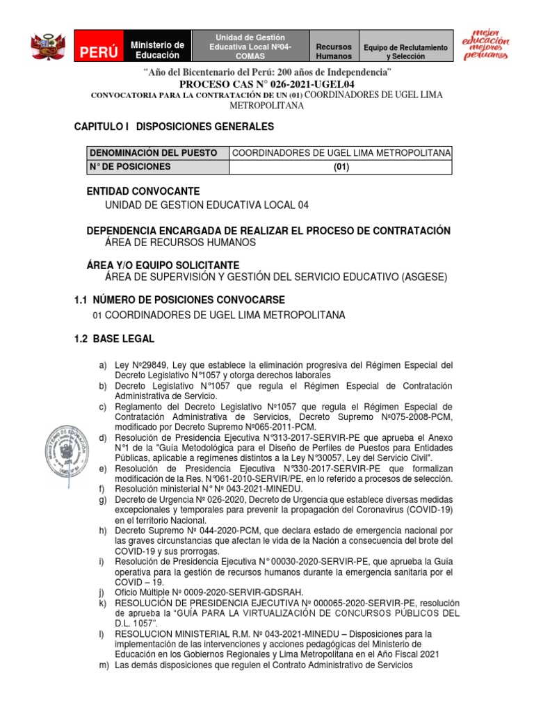 TDR Cas #026-2021 - Coordinadores de Ugel Lima Metropolitana | PDF | Reclutamiento | Perú