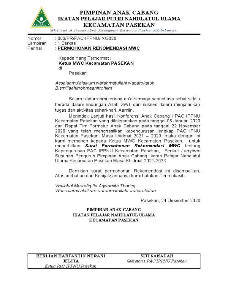 IPPNU SURAT PERMOHONAN REKOMENDASI MWC Fika | PDF IPPNU SURAT PERMOHONAN REKOMENDASI MWC Fika | PDF