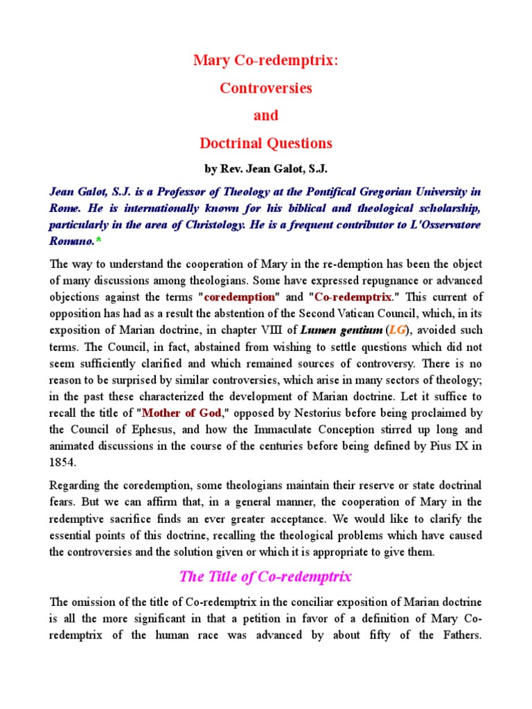 Jean Galot - Mary Co-Redemptrix | PDF | Salvation | Grace In Christianity