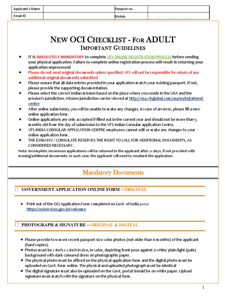 New OCI Application Checklist for Adults | PDF | Nationality Law ...