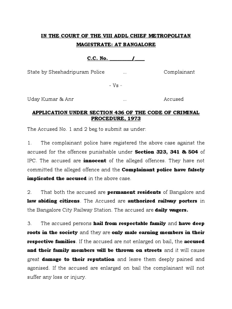 Application for Regular Bail Under Section 436 of the Code of Criminal ... Application for Regular Bail Under Section 436 of the Code of Criminal ...