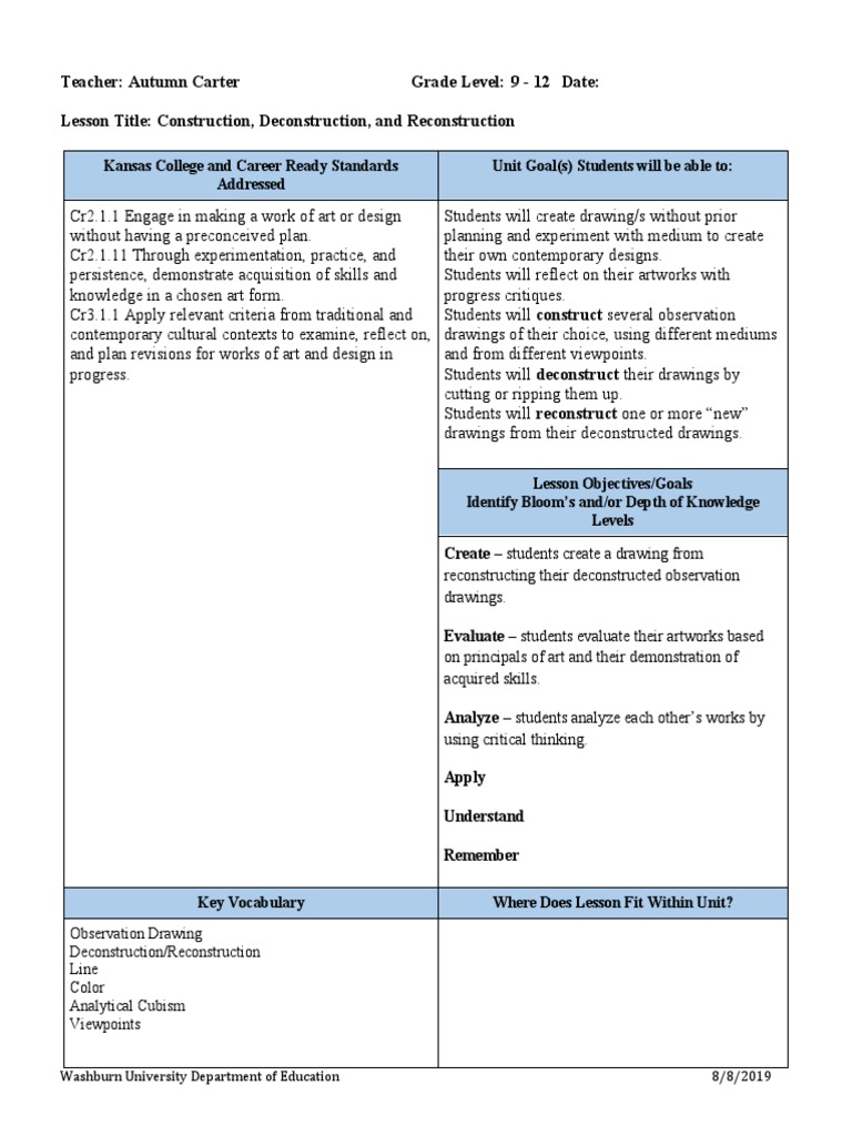 Teacher: Autumn Carter Grade Level: 9 - 12 Date: Lesson Title ...