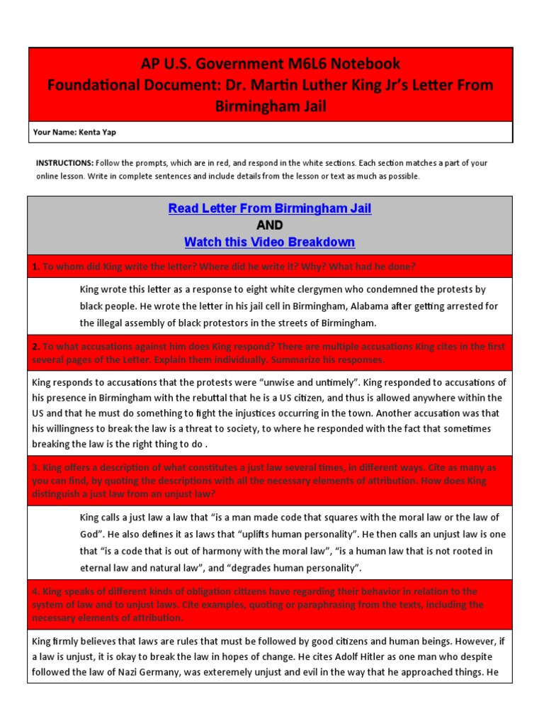 M6L6 Notebook - Letter From Birmingham Jail | PDF | Justice | Crime ...