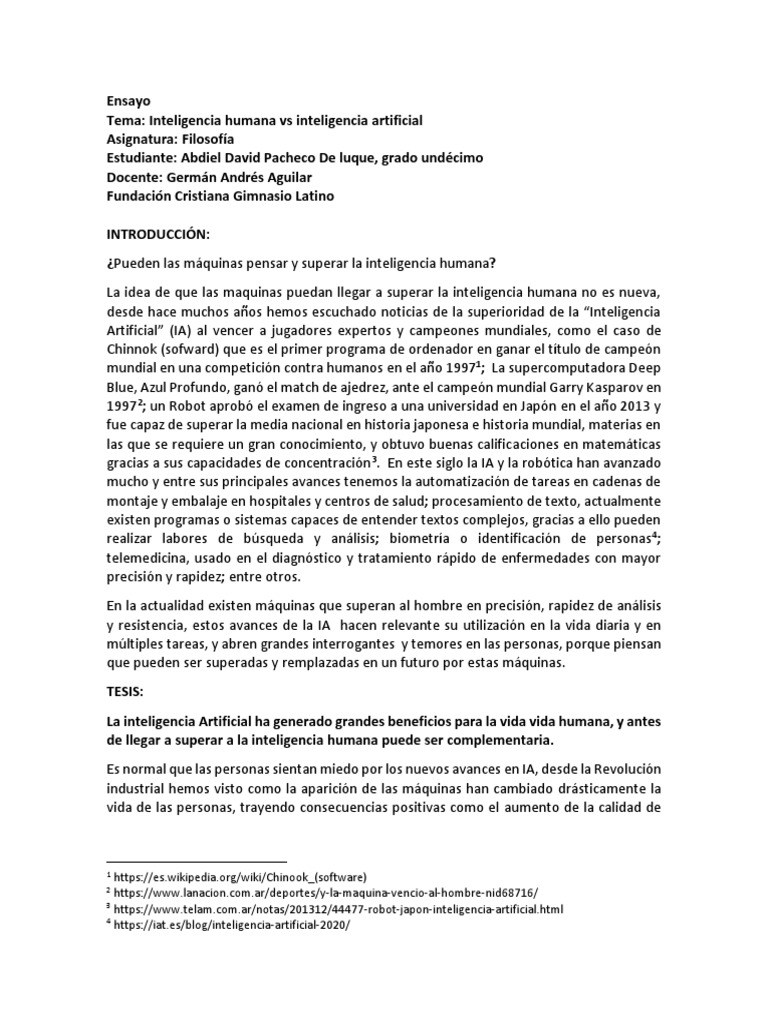 Ensayo Inteligencia Artificial VS Humana | PDF | Inteligencia ...