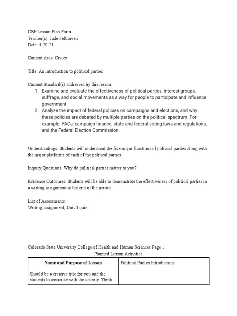 Introduction to Political Parties Lesson | PDF | Lesson Plan | Policy