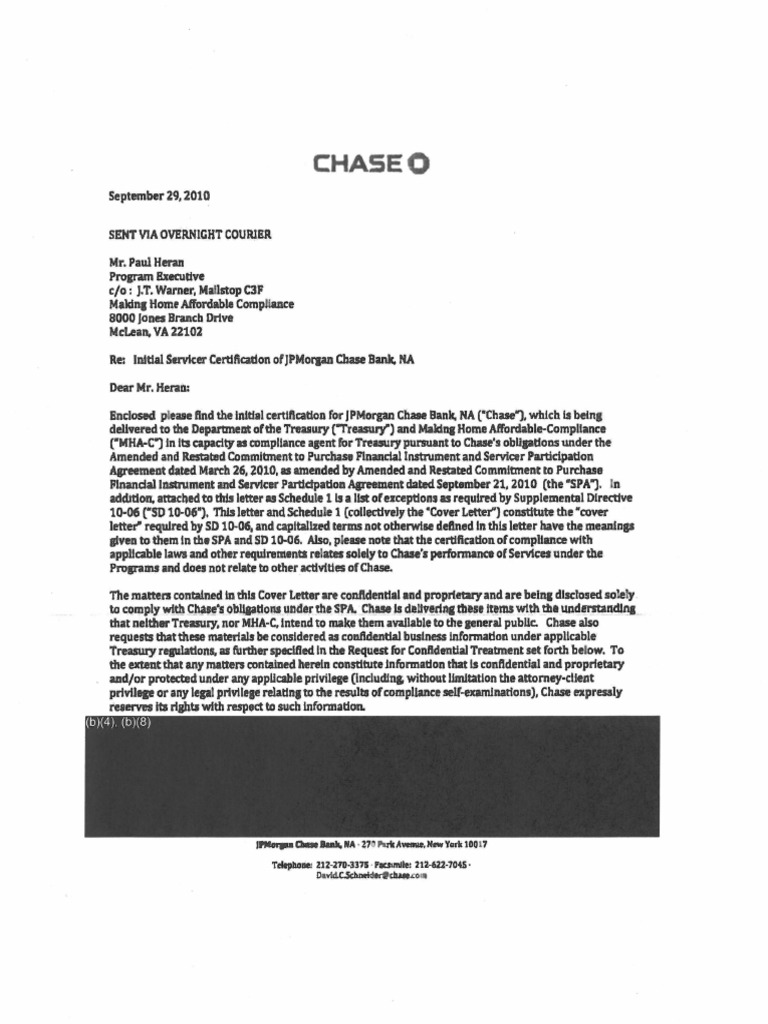 Initial Servicer CertIfication of JPmorgan Chase Bank-HAMP Cover Letter ...