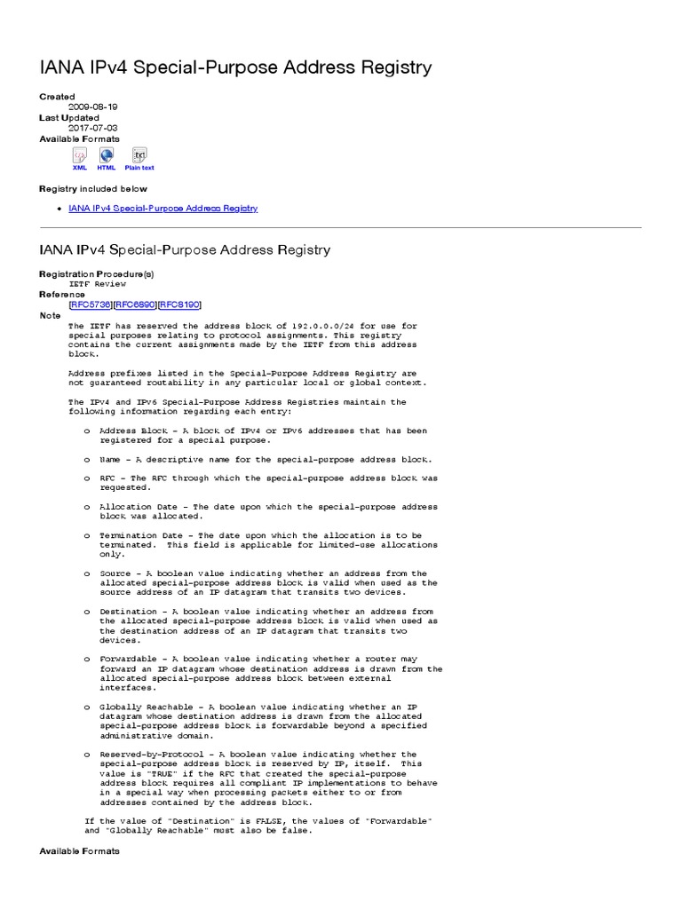 IANA IPv4 Special Address Registry | PDF | Ip Address | I Pv6
