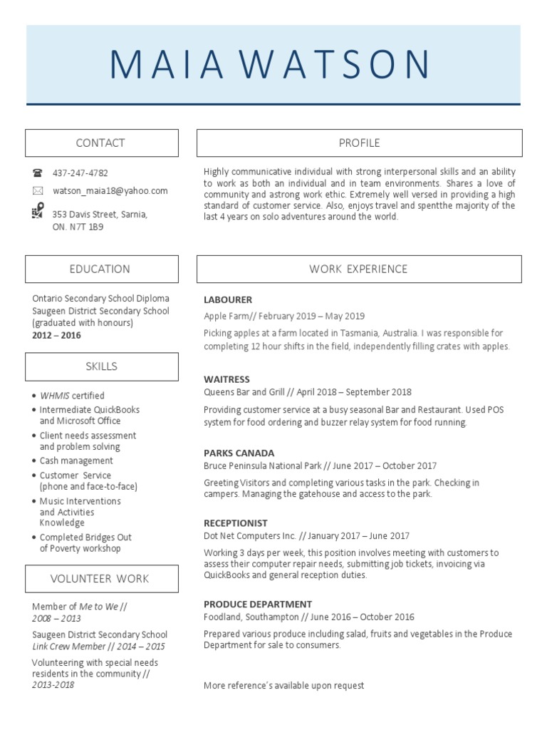Resume - Maia Watson | PDF | Business | Foods
