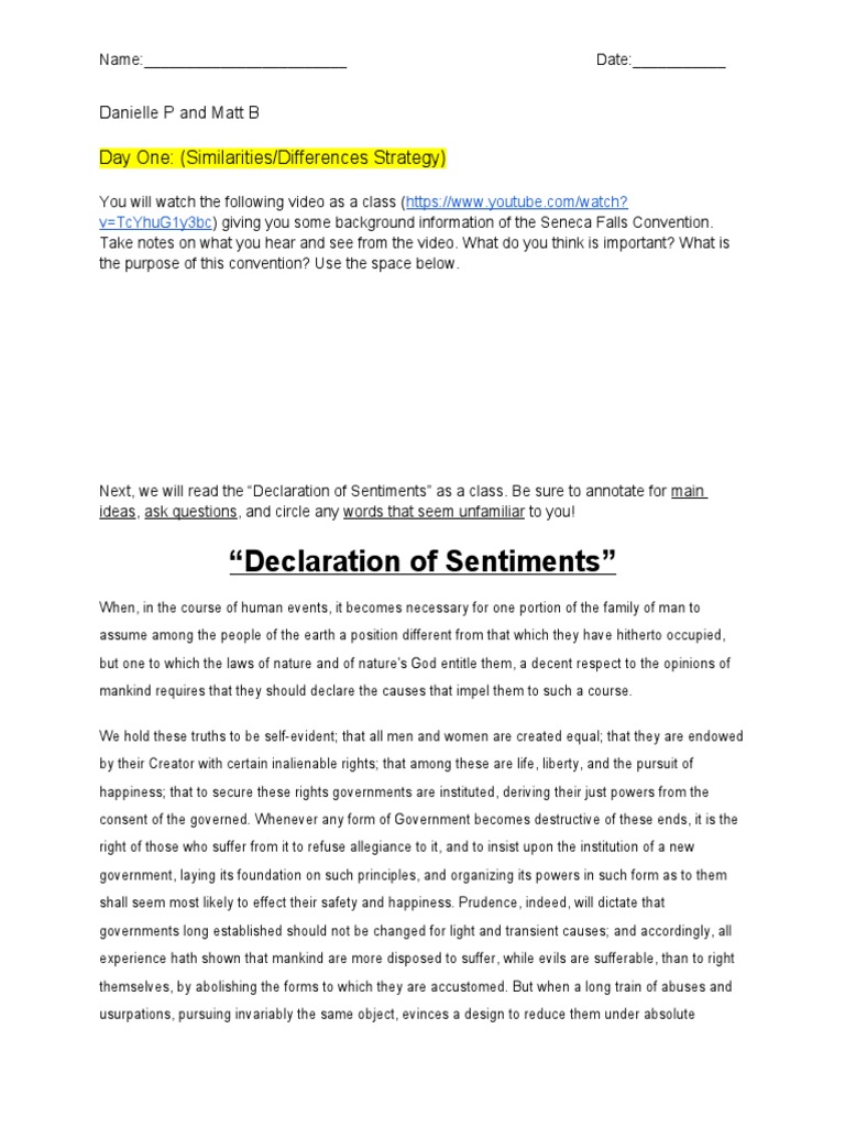 "Declaration of Sentiments": Day One: (Similarities/Differences ...