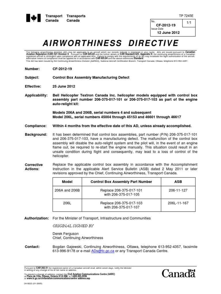 Airworthiness Directive: Original Signed by | PDF | Aerospace | Aeronautics