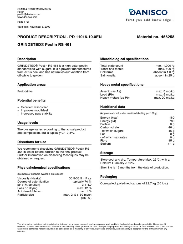 Grindsted Pectin RS 461 | PDF | Nutrition Facts Label | Food And Drink