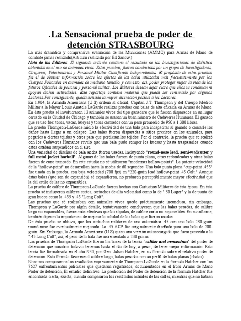 La Sensacional Prueba de Poder de Detención STRASBOURG | PDF | Munición | Presión sanguínea