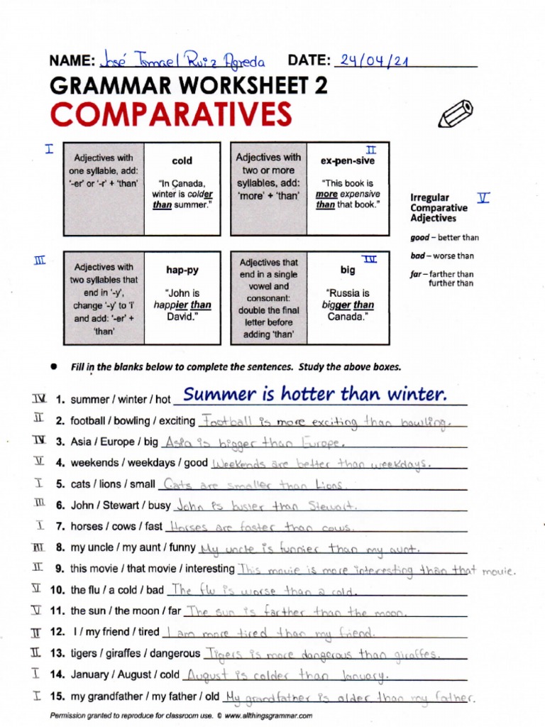 Grammar Worksheet 2 Comparatives | PDF