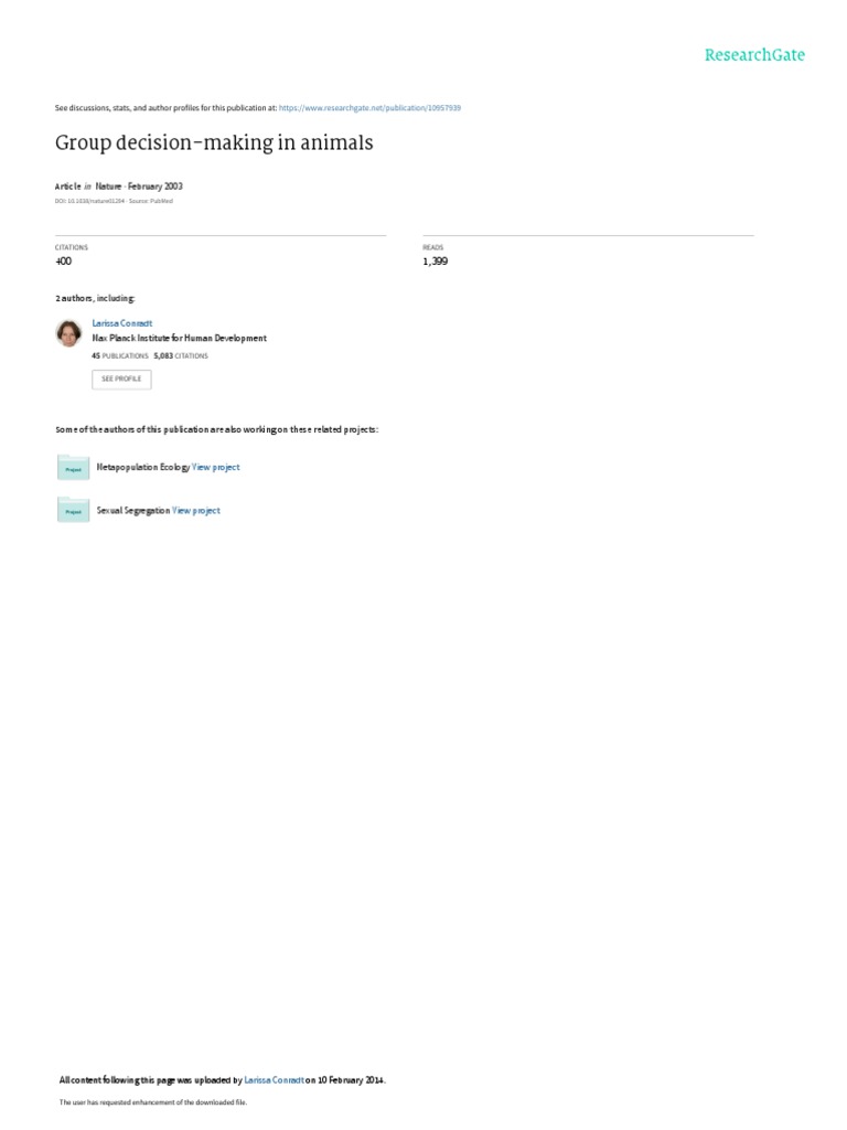 Group Decision-Making in Animals: Nature February 2003 | PDF | Nature