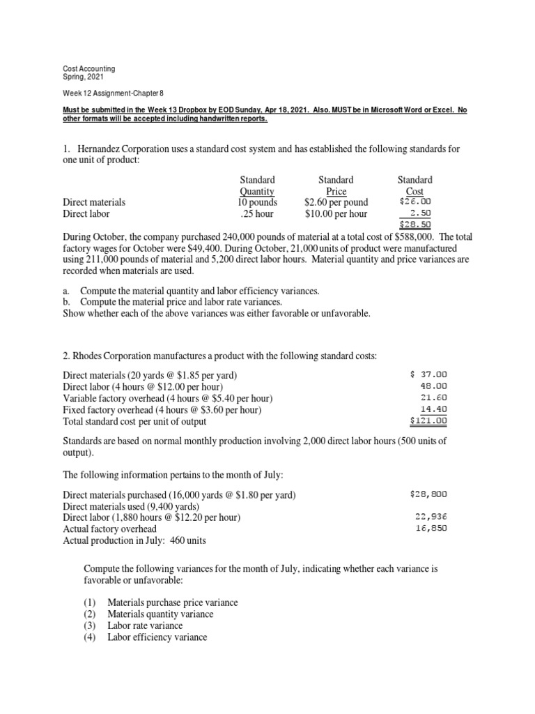Week 12 Assignment Chapter 8 | PDF | Cost Accounting | Business Economics