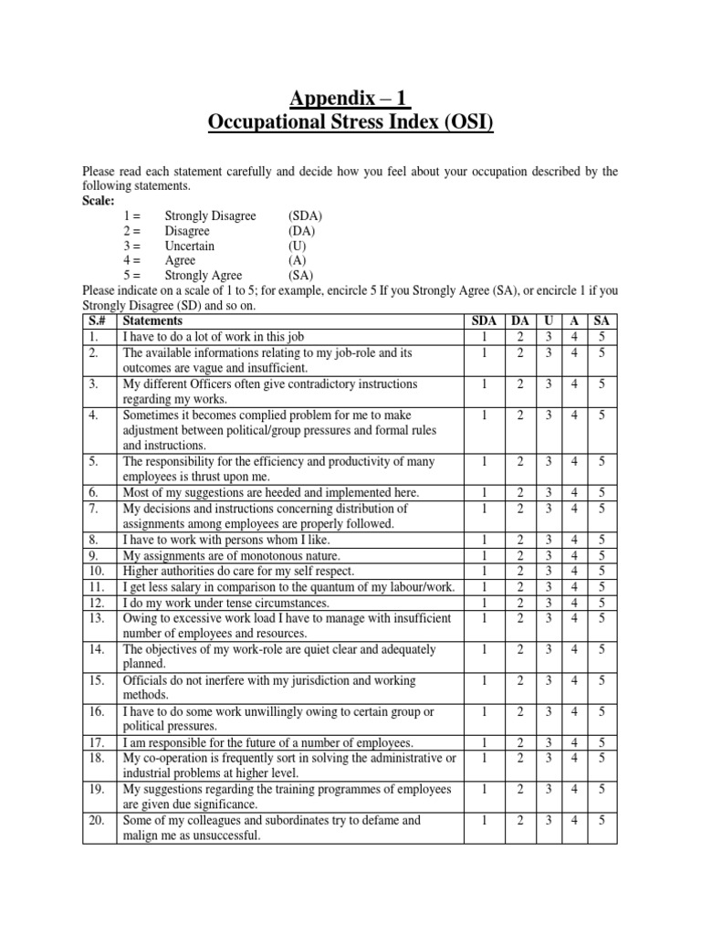 1 - Appendix Occupational Stress Index (OSI) : Scale | PDF | Economies | Psychology