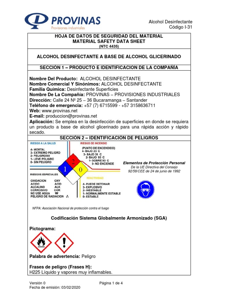 Alcohol Desinfectante Pi Msds I-31 (Sga) | PDF | Etanol | Agua