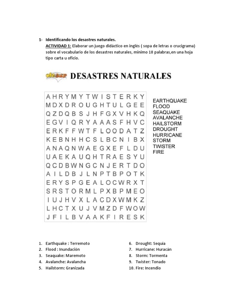 Sopa de Letras: Desastres Naturales | PDF | Temblores | Naturaleza