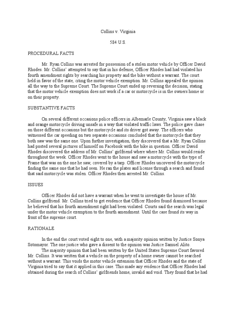Collins V Virginia Case Brief Pat Downey Word | PDF | Fourth Amendment ...