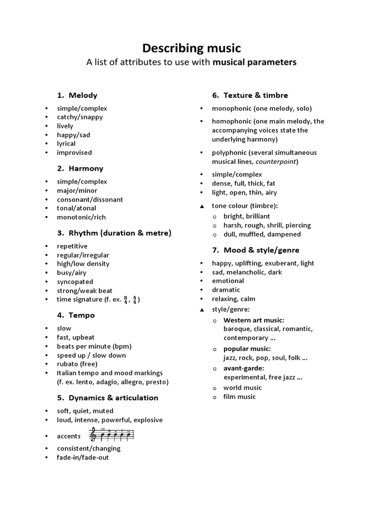 Describing Music: A List of Attributes To Use With Musical Parameters ...