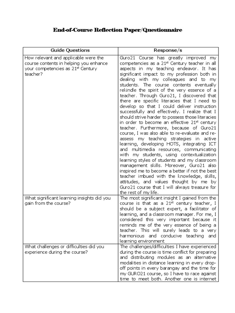 End-of-Course Reflection Paper/Questionnaire: Guide Questions Response ...