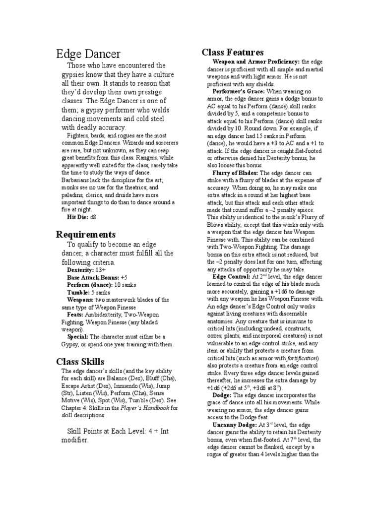 Edge Dancer: Class Features | PDF | D20 System | Dances