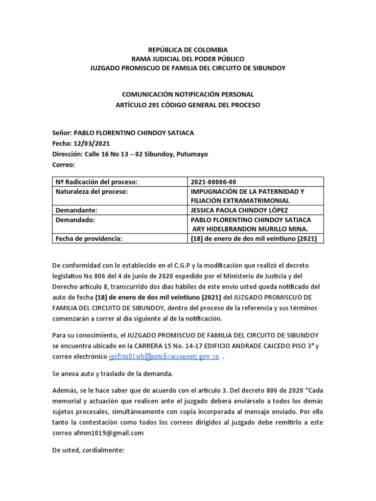 Notificacion Personal Art 291 CGP | PDF Notificacion Personal Art 291 CGP | PDF