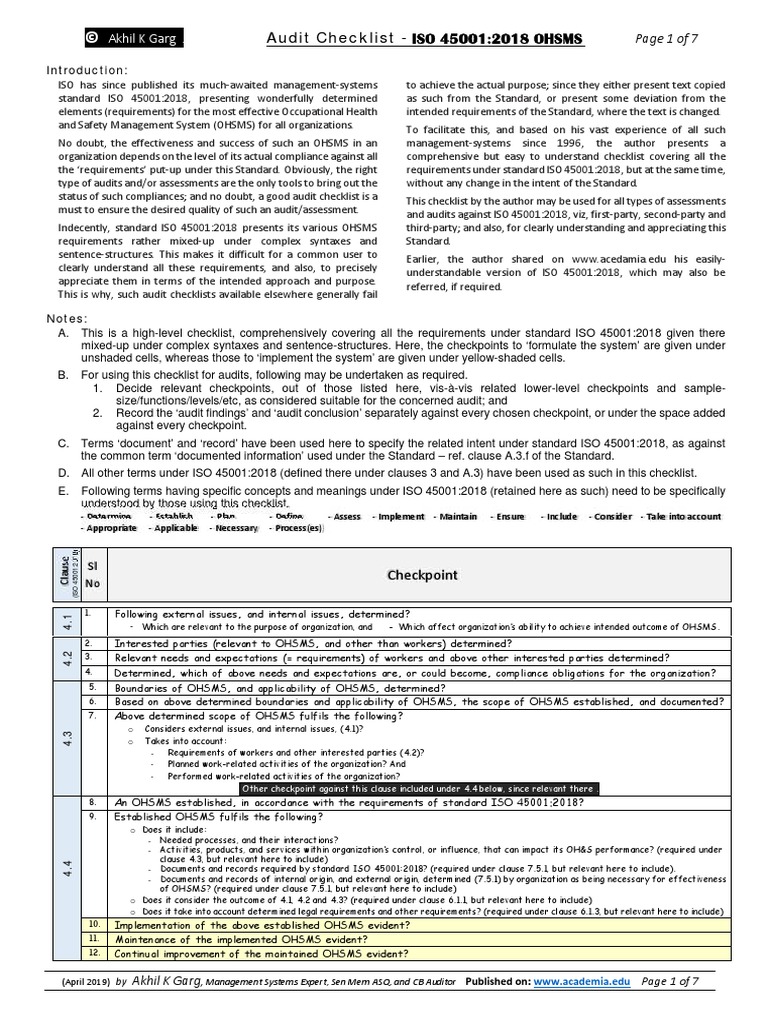 ISO 45001 2018 OHSMS - Audit Checklist | PDF | Audit | Occupational Safety And Health