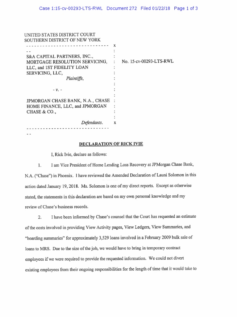 MRS V JPMC Doc 272, Declaration Rick Ivie - Jan 22, 2018 Declaration ...