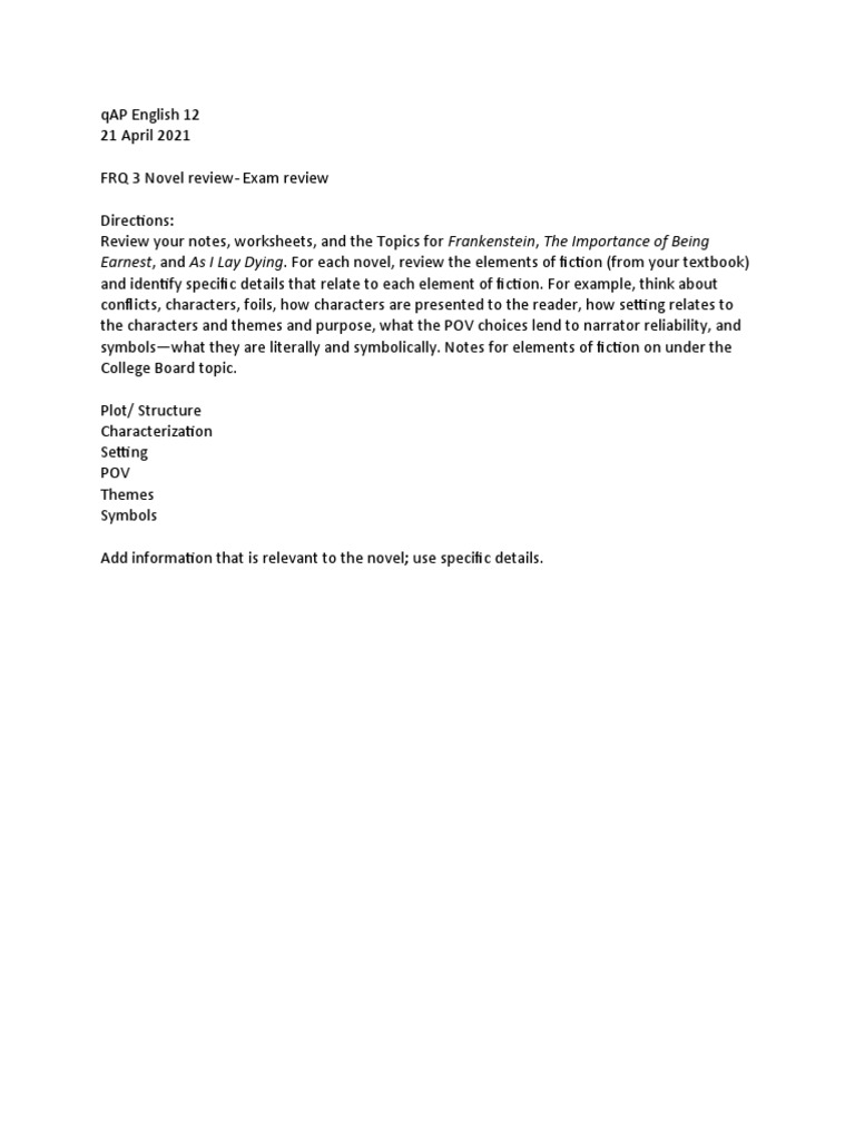 AP English 12 Novel Review Guide | PDF