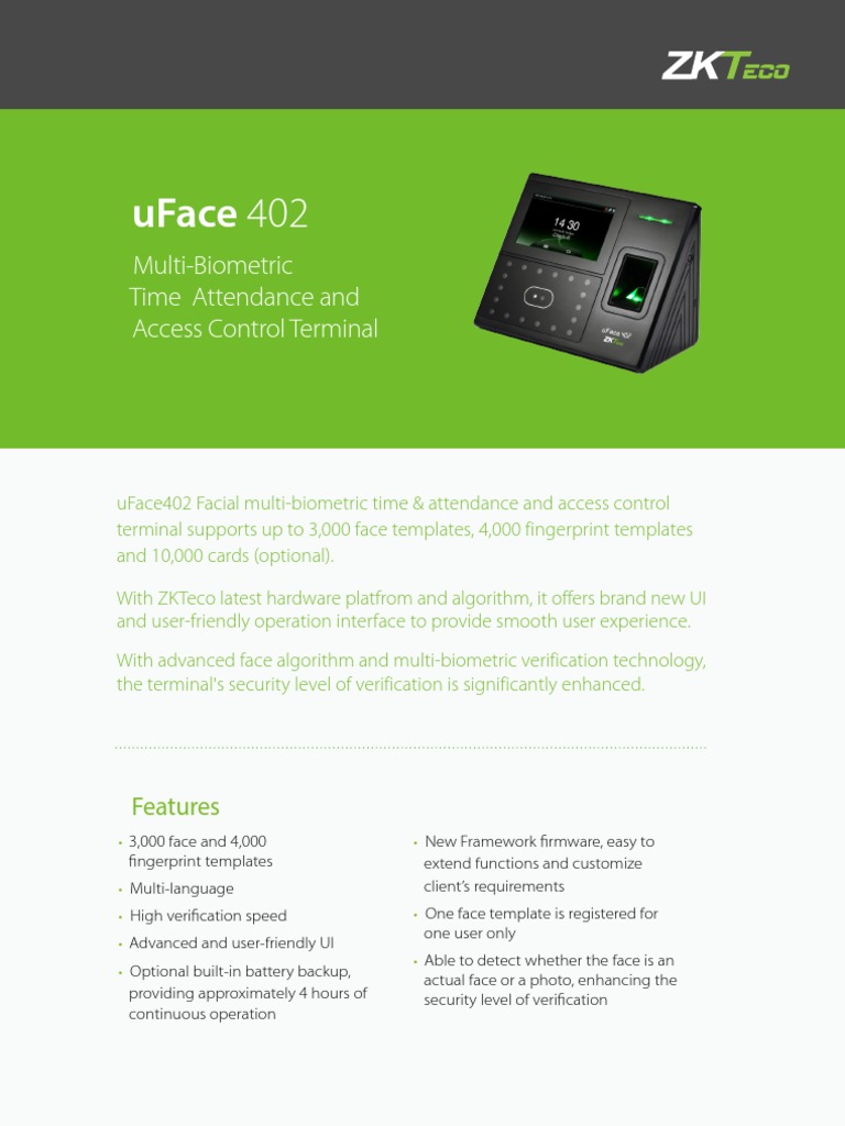 Uface 402: Multi-Biometric Time Attendance and Access Control Terminal ...