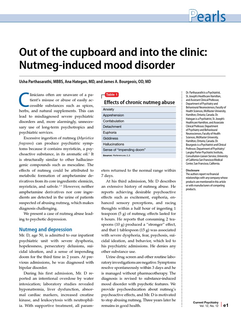 Out of The Cupboard and Into The Clinic: Nutmeg-Induced Mood Disorder ...